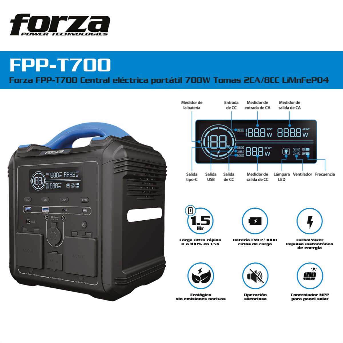 Generador Eléctrico Portátil Forza Titan FPP-T700 700W con Batería LMF ...